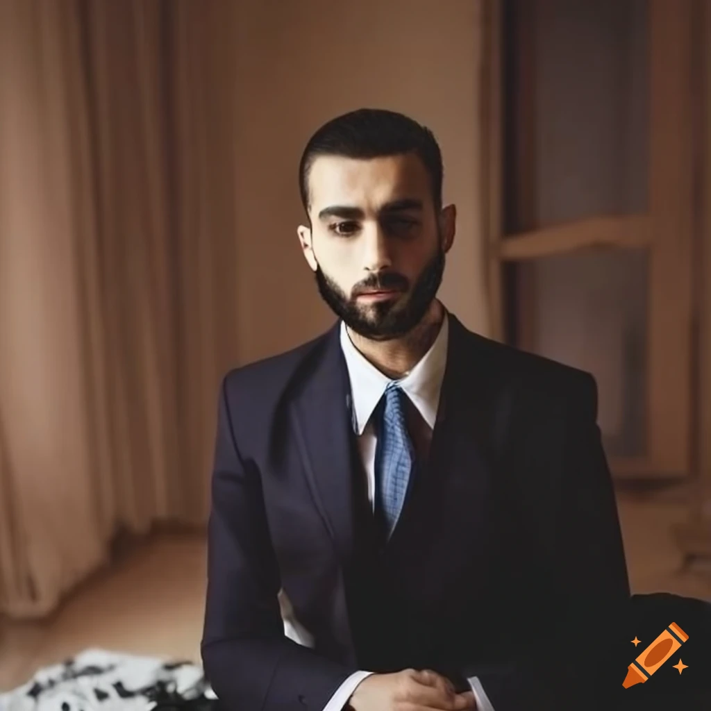 Photograph of a bearded Young Syrian man in a suit at home on Craiyon