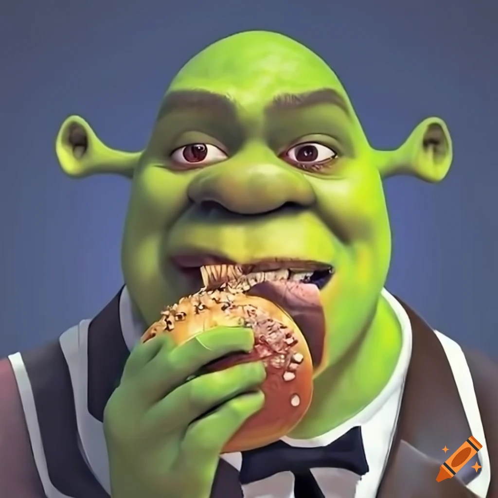 Shrek in a tuxedo eating a burger realistic on Craiyon