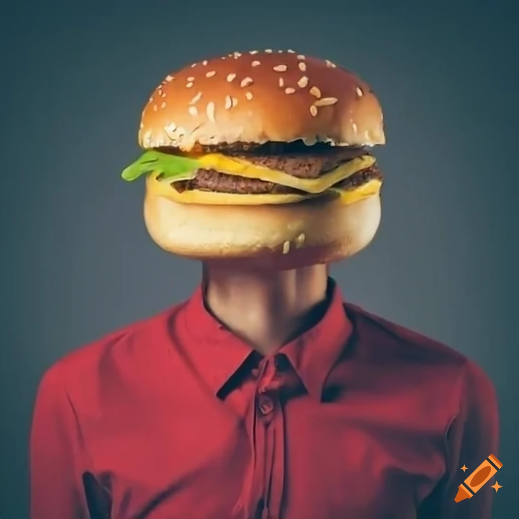 Guy in a red shirt with a cheeseburger for a head