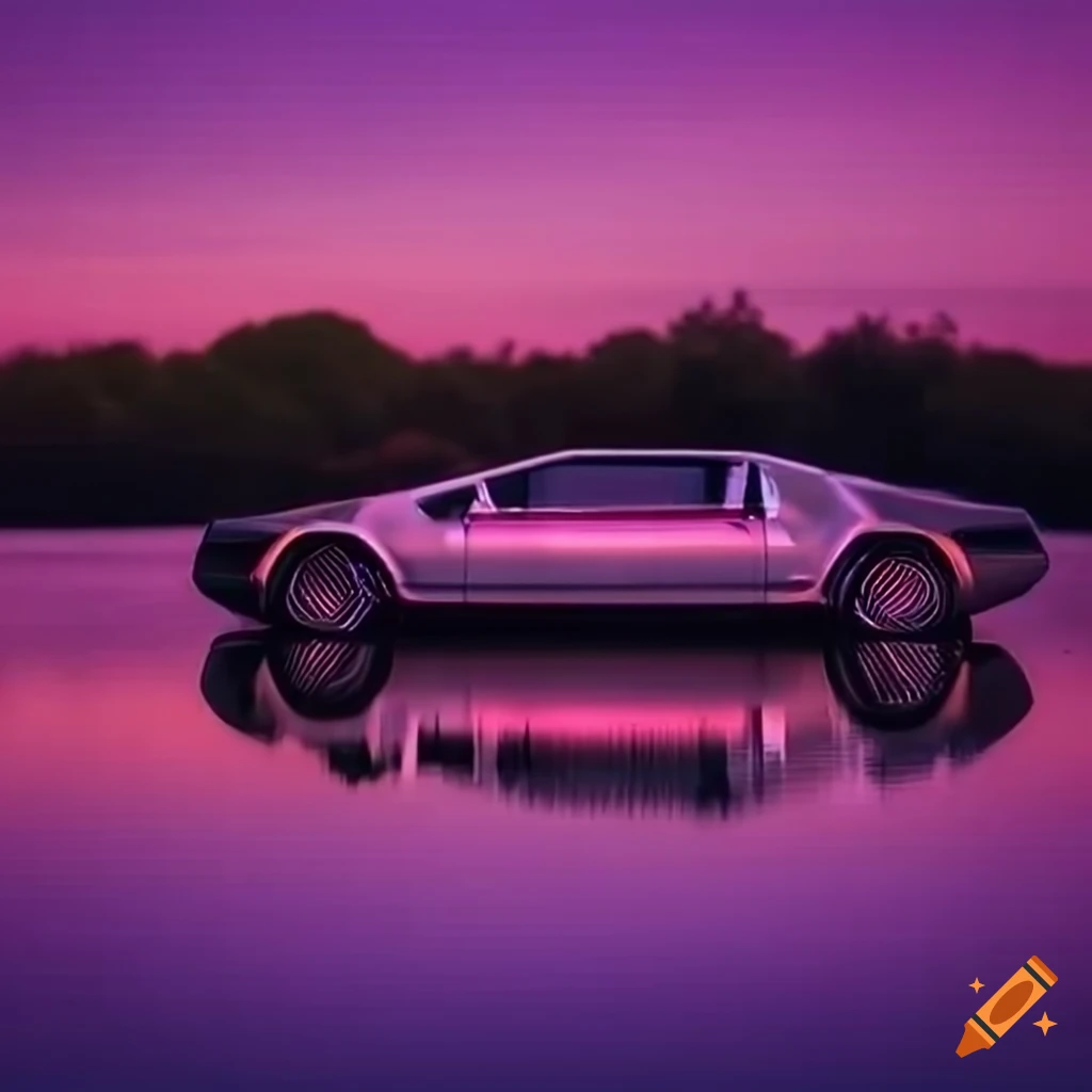 DeLorean DMC-12 shining under a purple sunset sky on Craiyon
