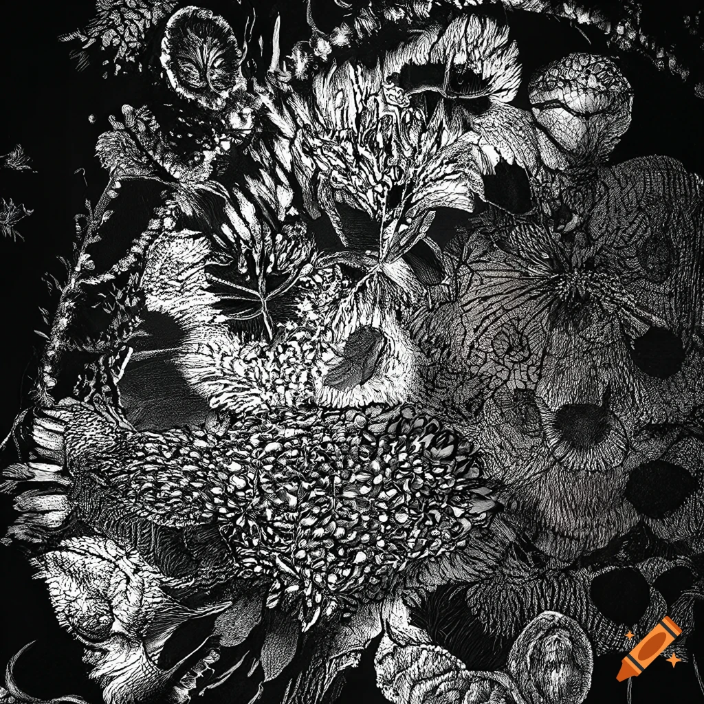 Biopunk map of flowers on embroidery Black and white cutaway drawing ...