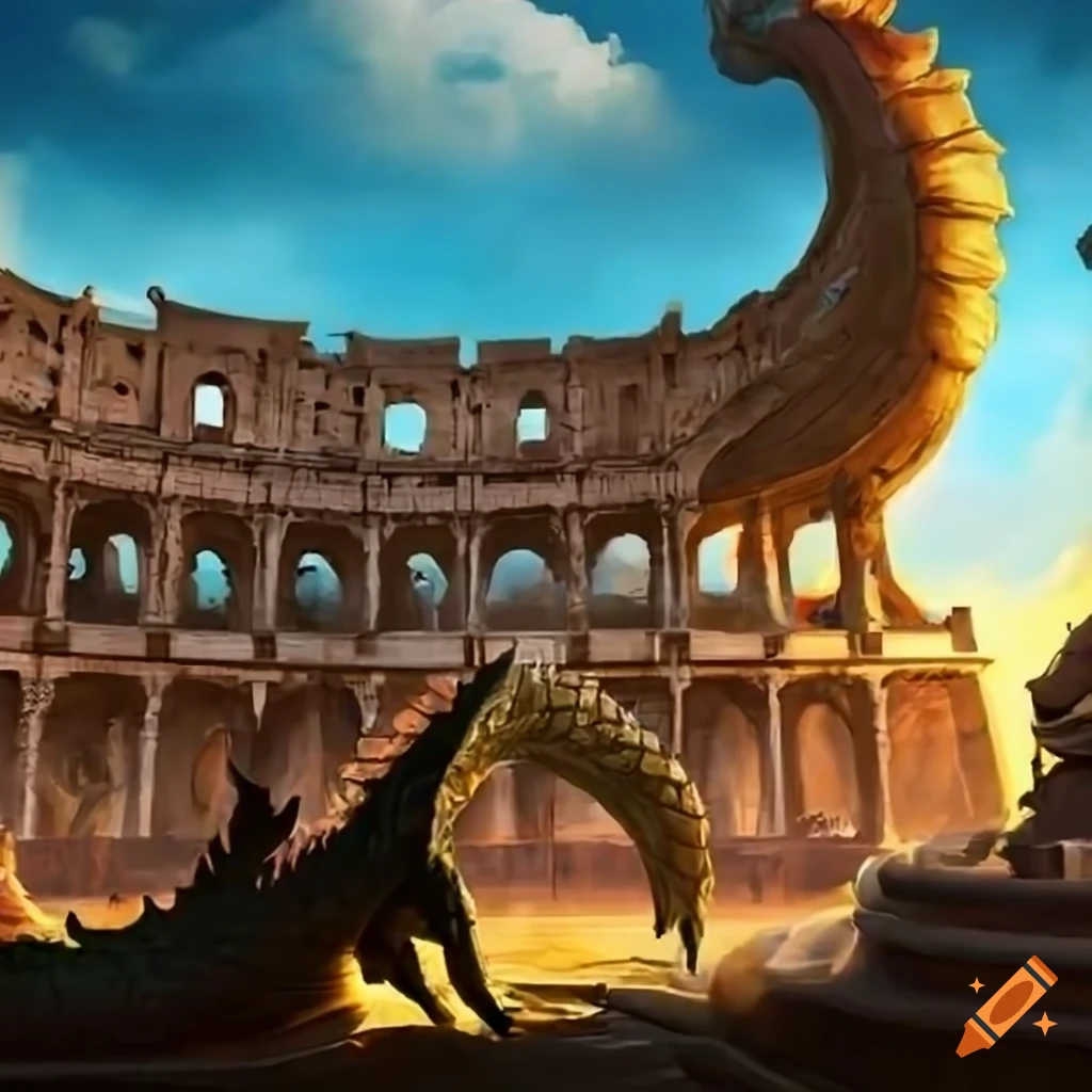 Coliseum with people battling around a dragon statue , view from afar ...