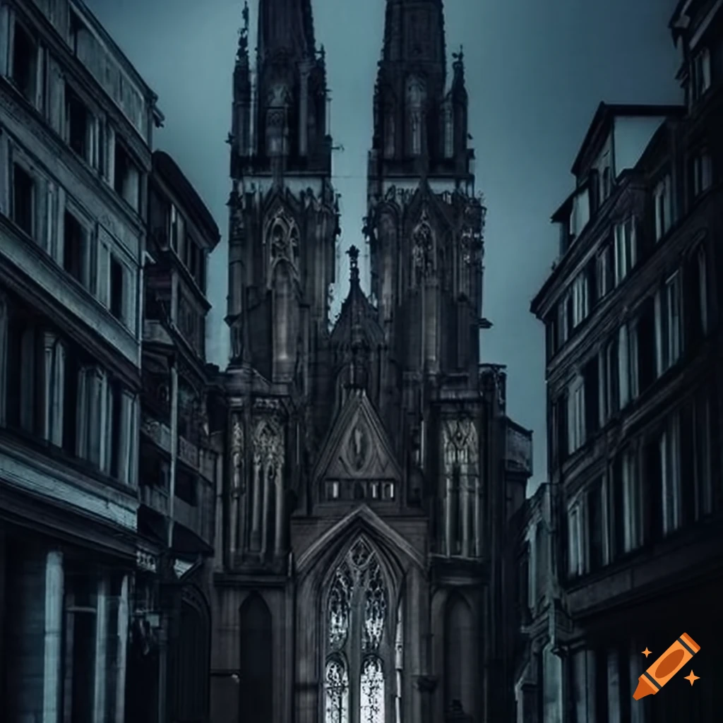 Gothic church in a dark modern city