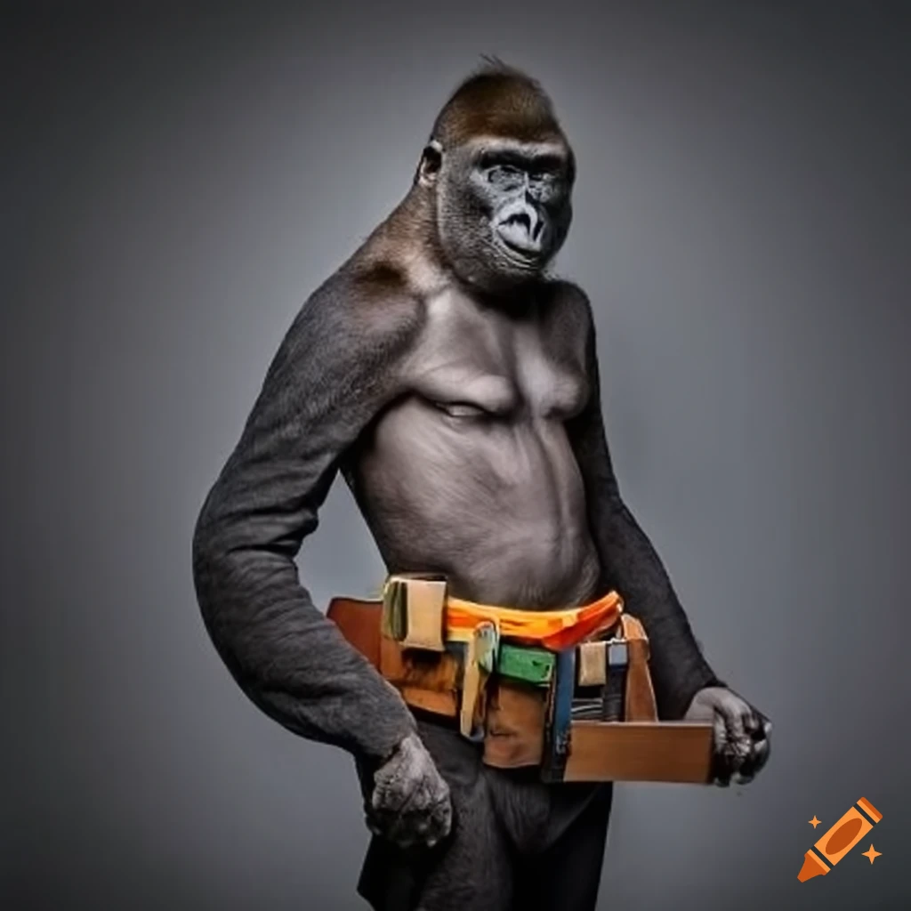 A gorilla wearing carpenter tool belt