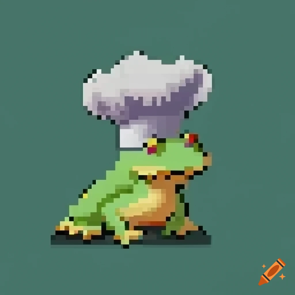 Pixel art of a frog wearing a chef's hat