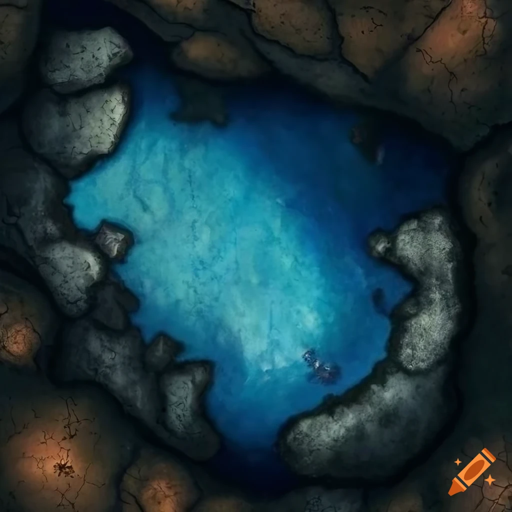 A top down dnd battlemap of an underdark river from the bottom left to the top right in a cave ...
