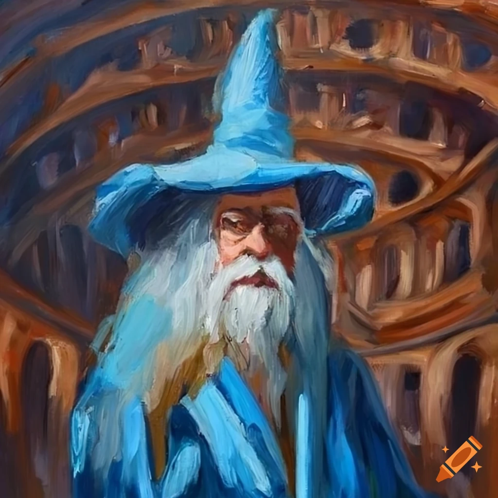 Expressive oil painting of a wizard in a blue robe with a large hat and ...