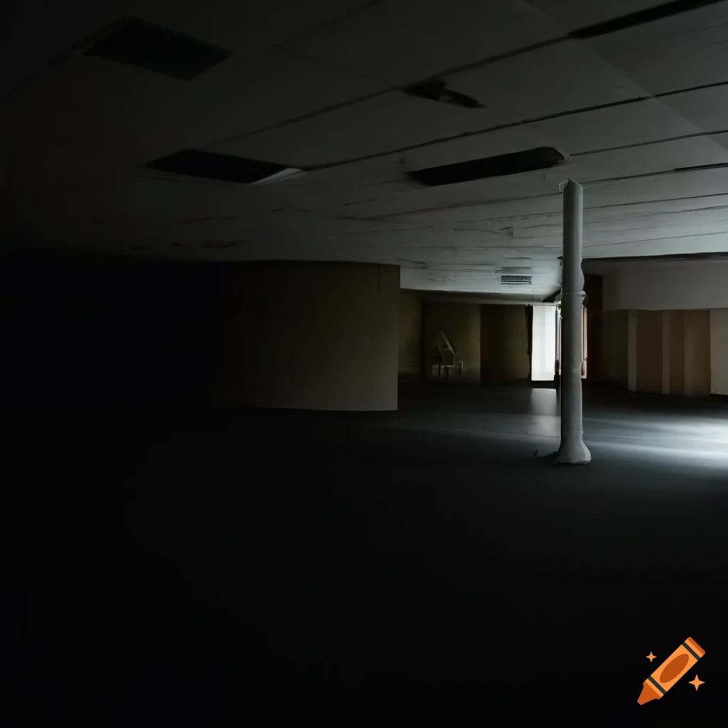 Real life, liminal space, a community center lobby space, dim lighting ...