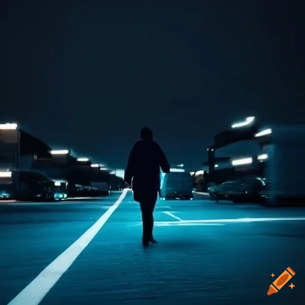 Person walking through a dimly lit parking lot