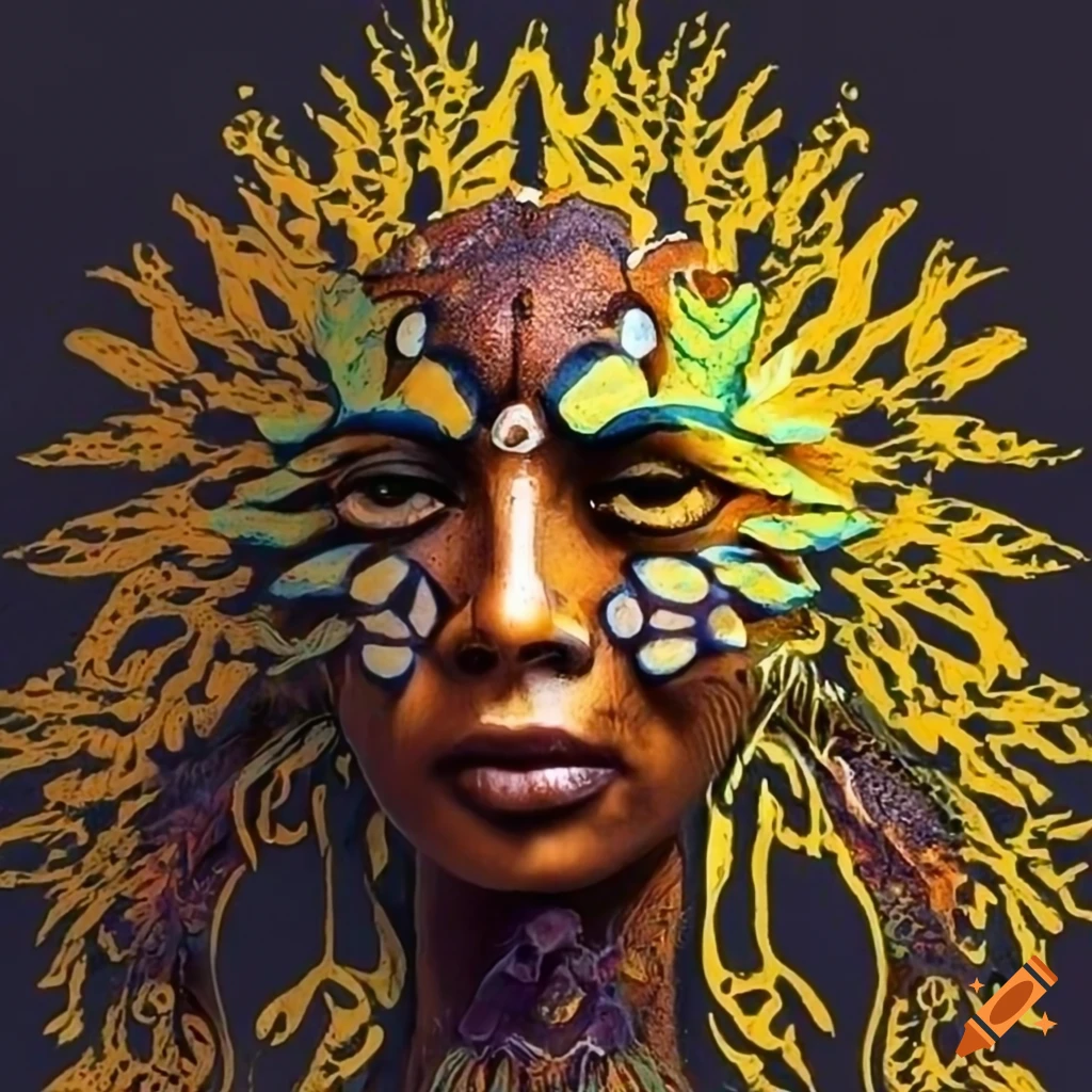 Gold yellow & copper tribal face in a fungi jungle,twilight