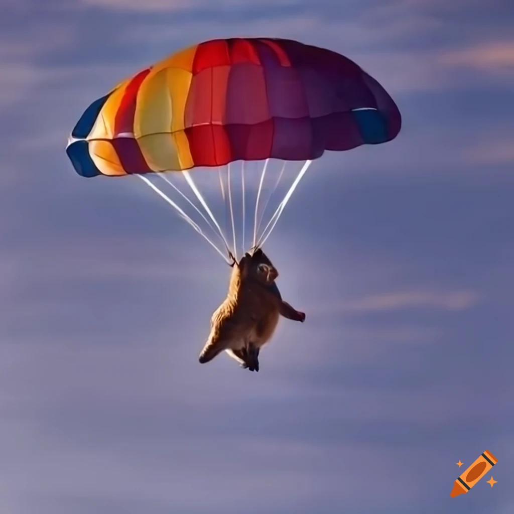 Close-up of a cat with a parachute flying through a cloudy sky