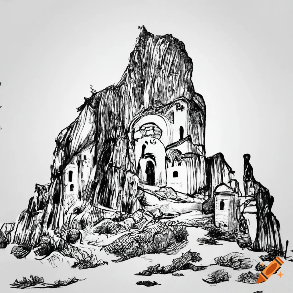Black and white ink drawing. A Greek Orthodox monastery carved into a ...