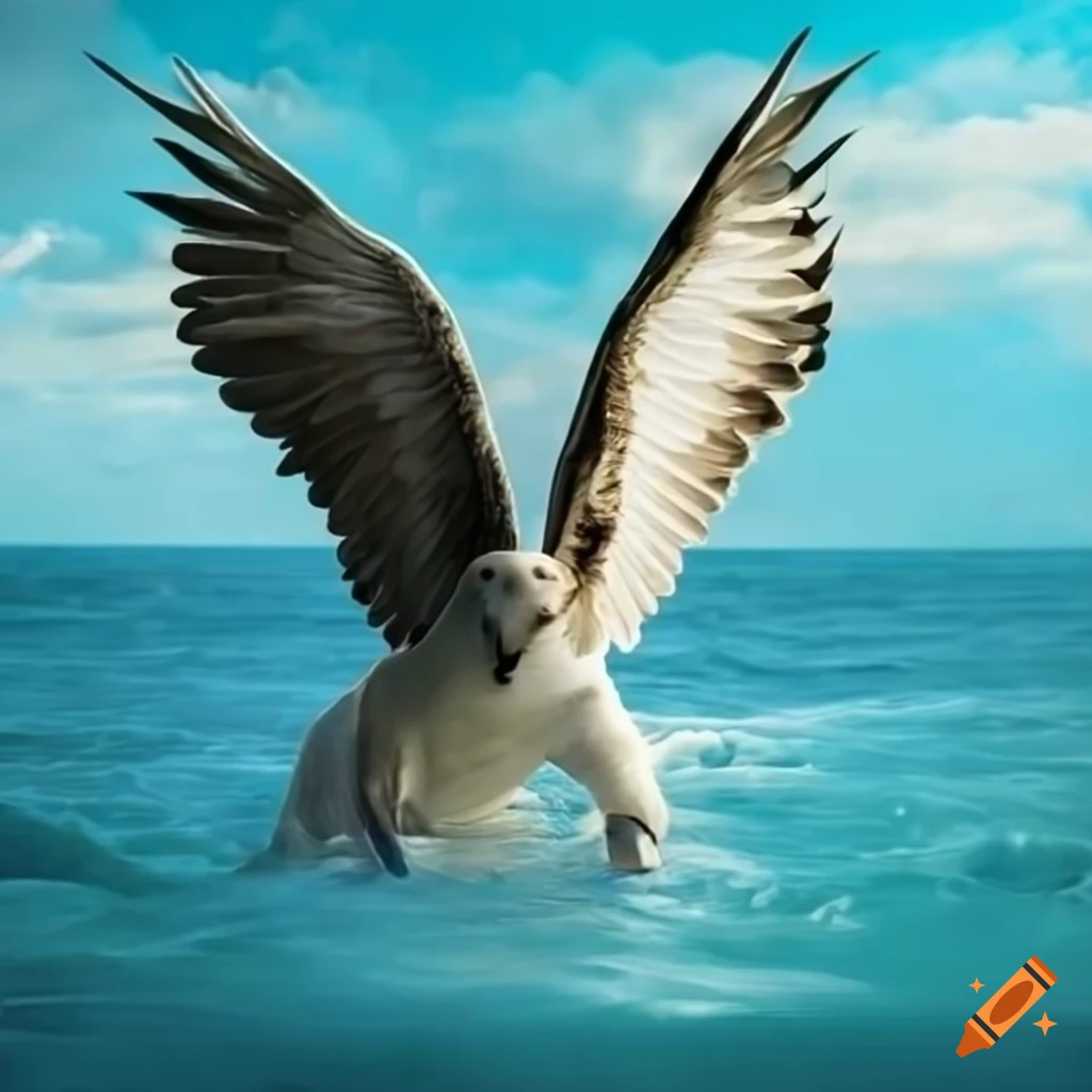 Godly creature with dolphins tail, owl wings, and polar bear head on ...