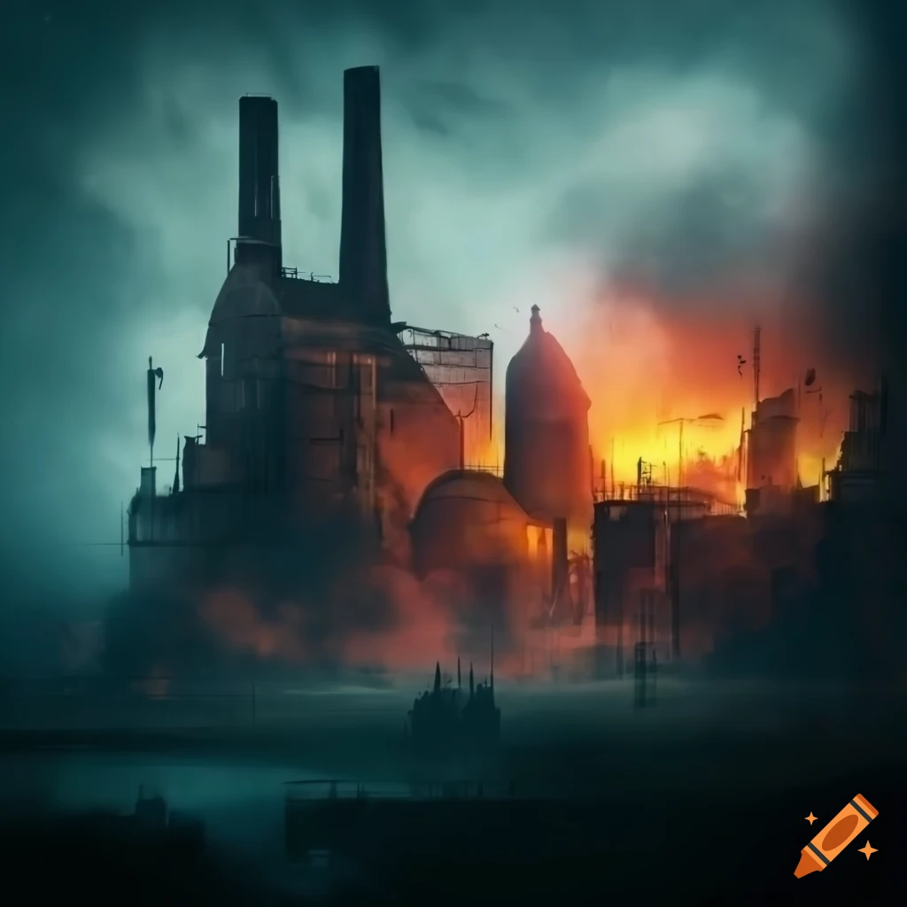 Dieselpunk factory landscape, with fiery and smoky background