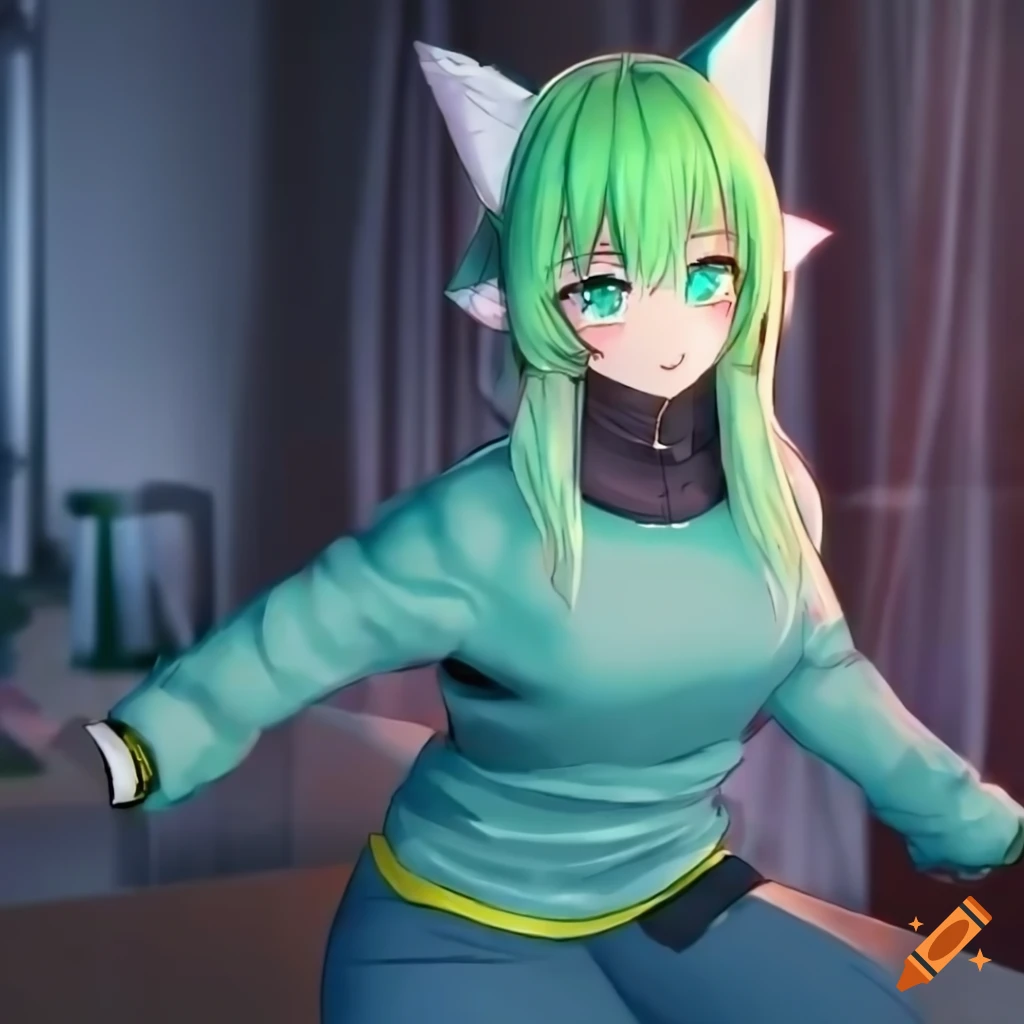 Chubby Vtuber, girl, fox ears, ski outfit, green hair, anime style ...