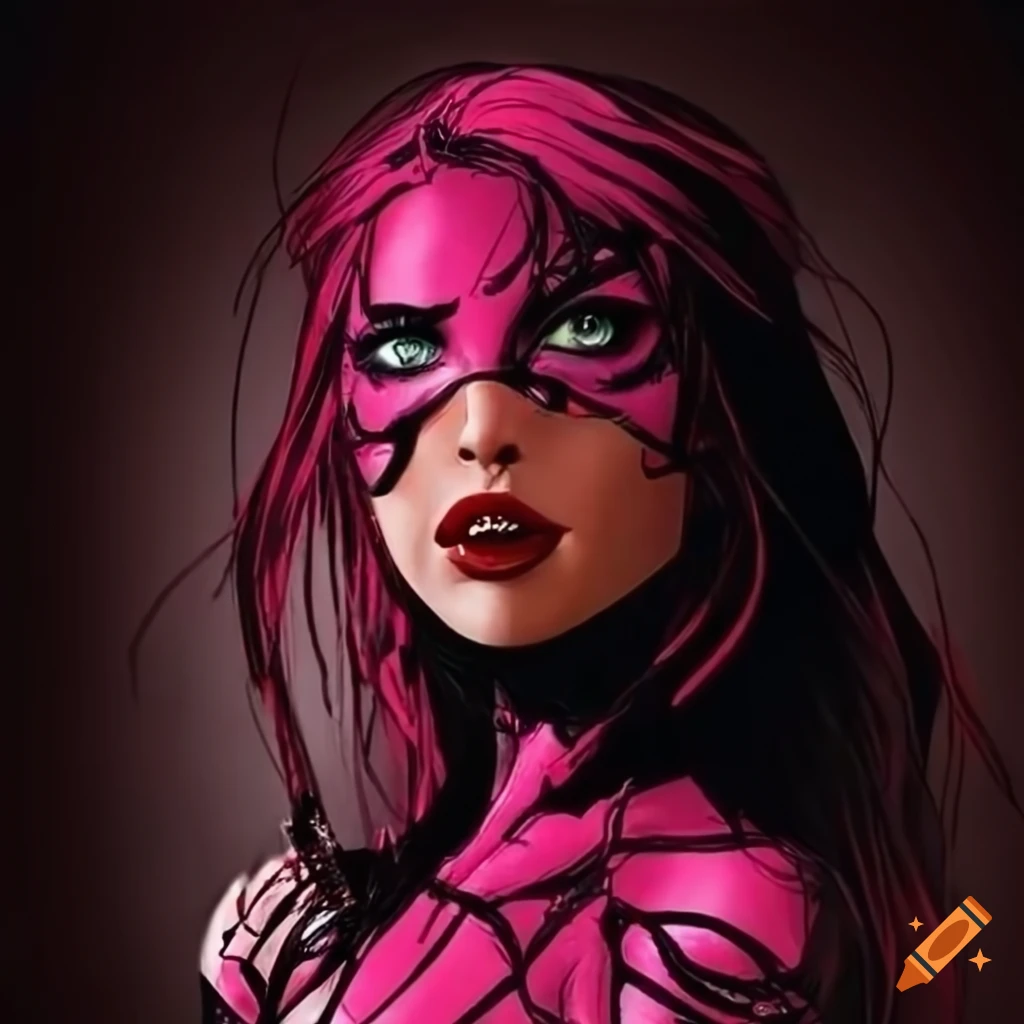 Pink widow spider-woman black hair green eyes