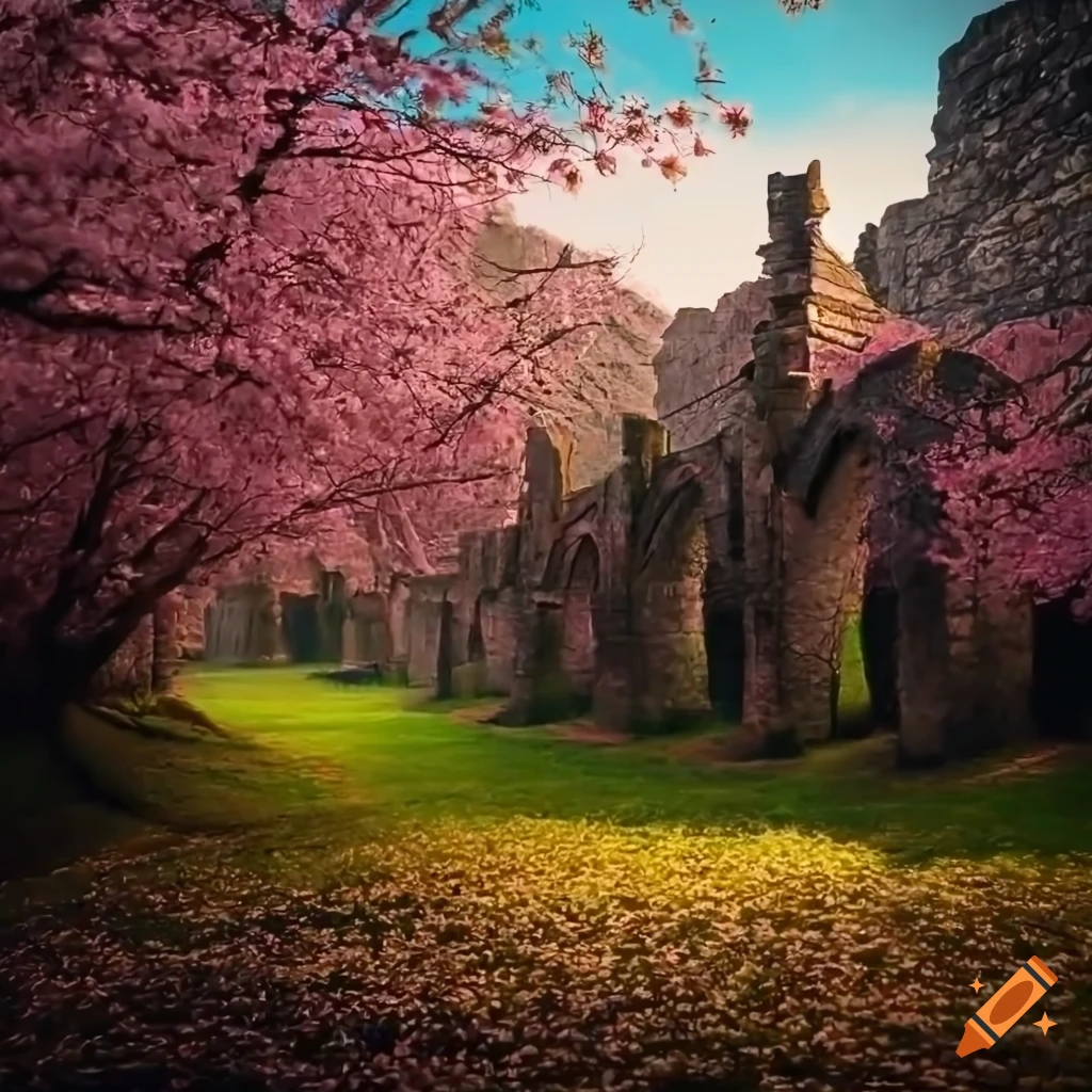 Peaceful field of cherry blossom trees, midday, flowing stream nearby ...