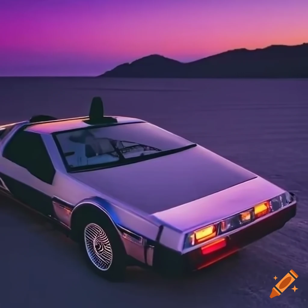 Delorean dmc-12 shining under a purple sunset sky
