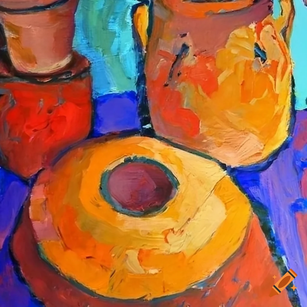Ancient pots from arkaim on table, fauvism painting on Craiyon