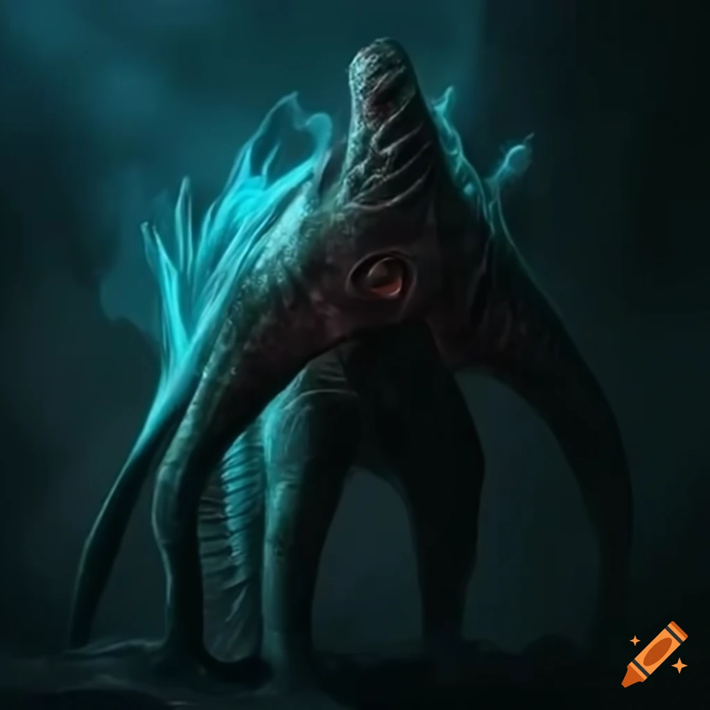 A giant, nightmarish sea monster with razor sharp teeth and six glowing ...