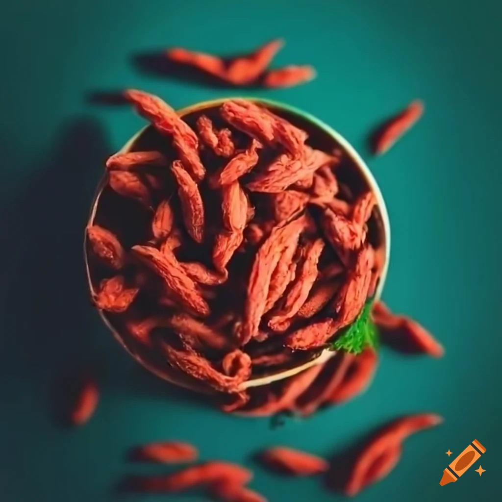 Cannabis branch close-up small goji berries in a bowl nearby on Craiyon
