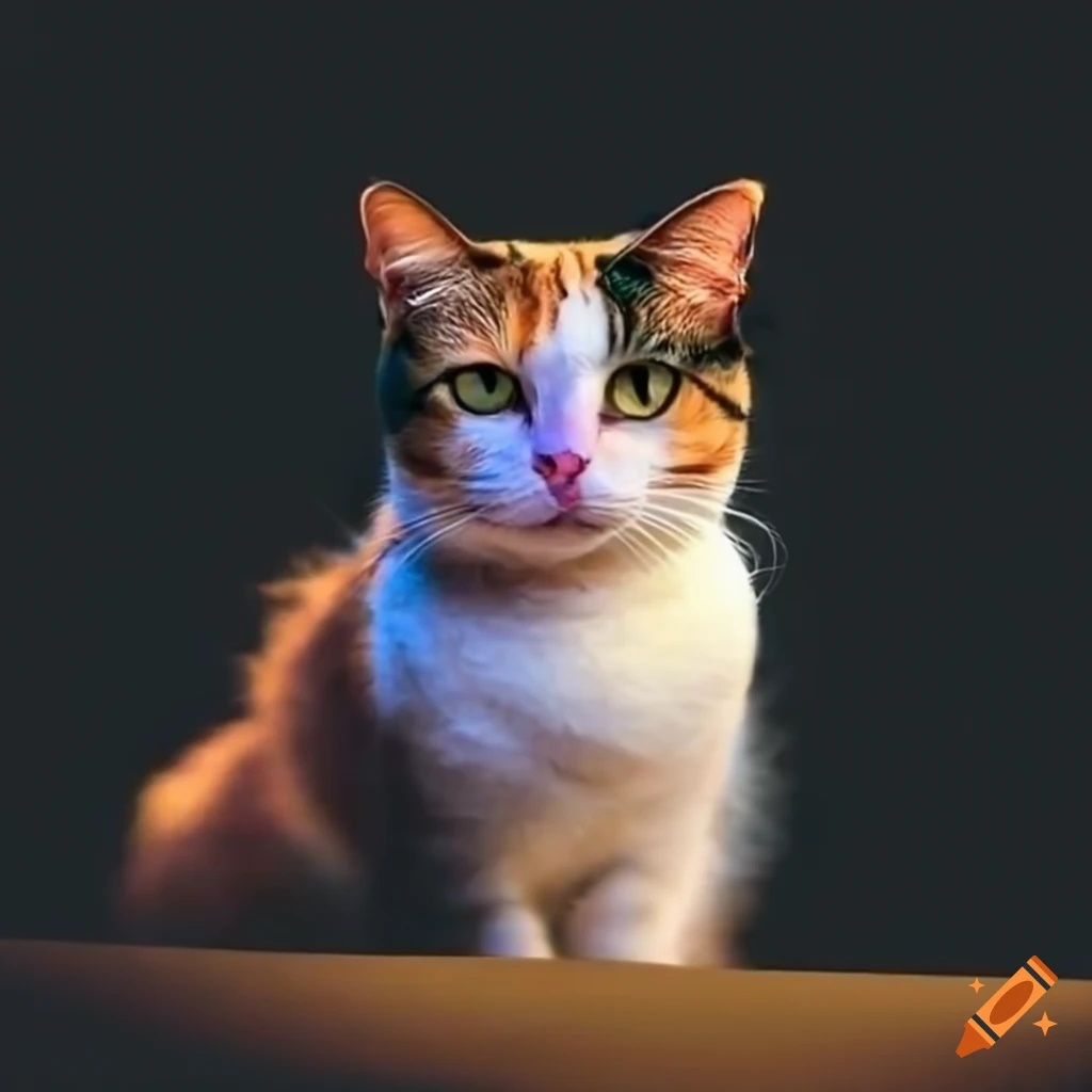 Beautiful calico cat with wings watching a sunrise on Craiyon