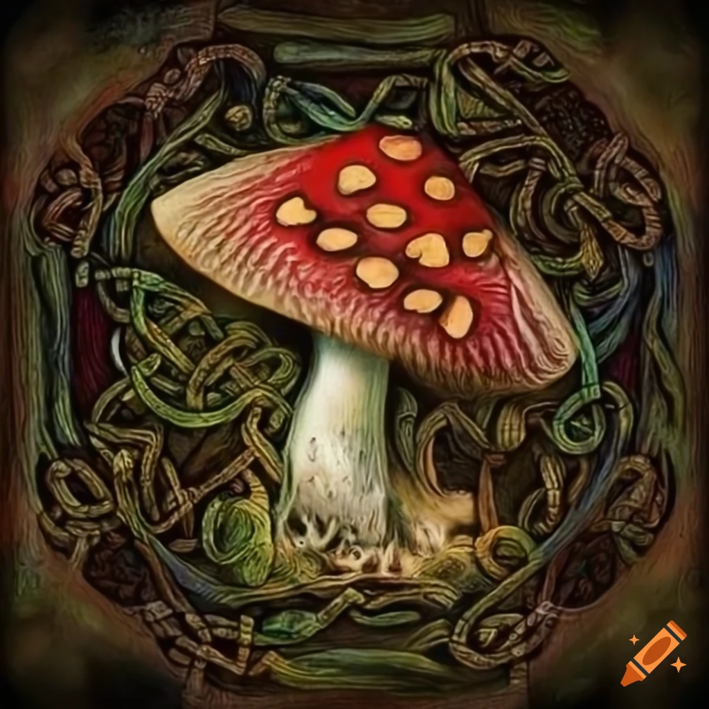 Celt knot mushroom art, surreal atmosphere on Craiyon