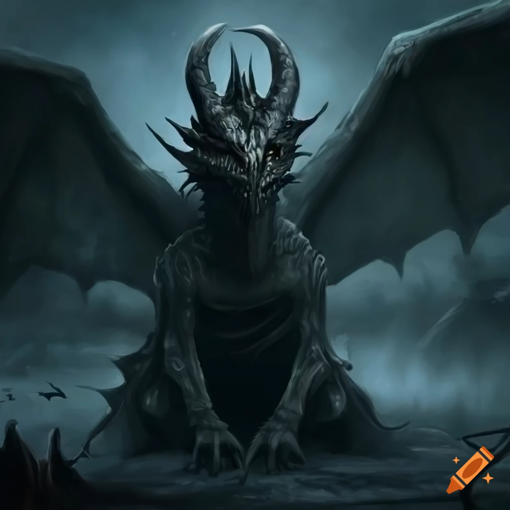 Fantasy, detailed, horned dragon creeping in a dark misty abyss on Craiyon