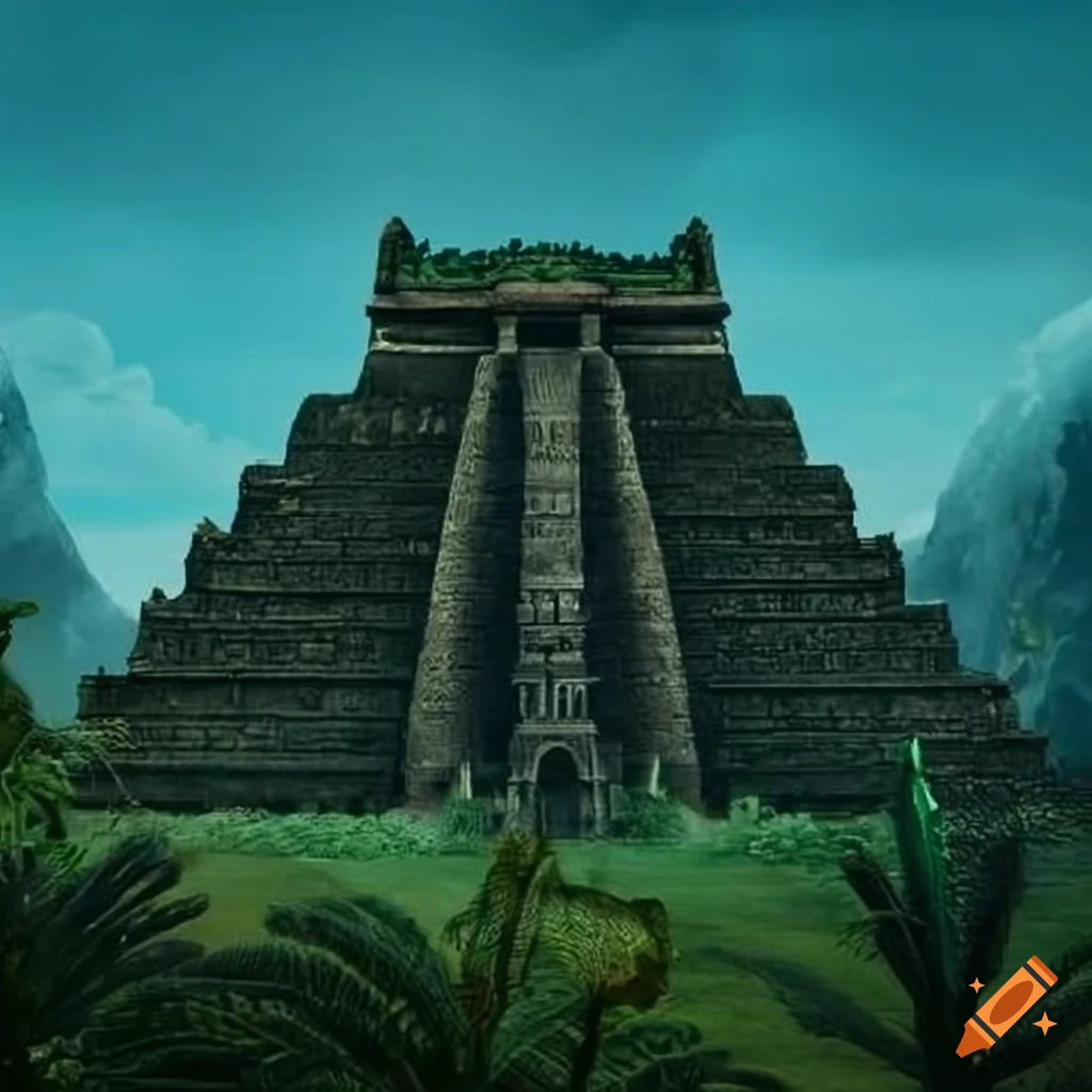 Gothic-aztec hybrid temple, surrounded by exotic jungle
