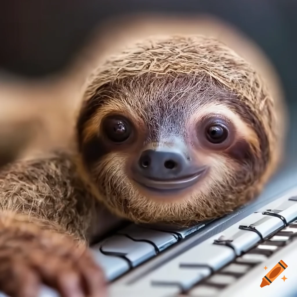 Happy young sloth typing on his laptop
