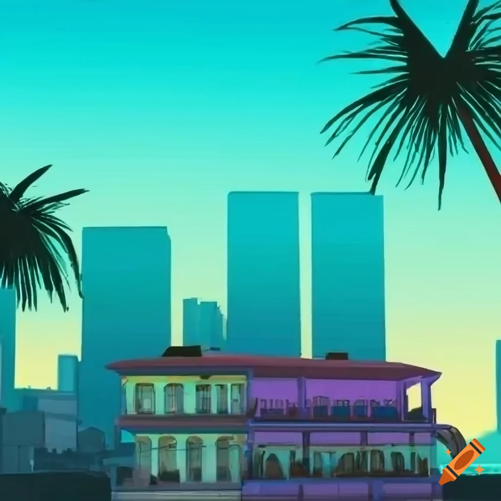 Simple 2d illustration of a view of a balcony in GTA Vice city with ...