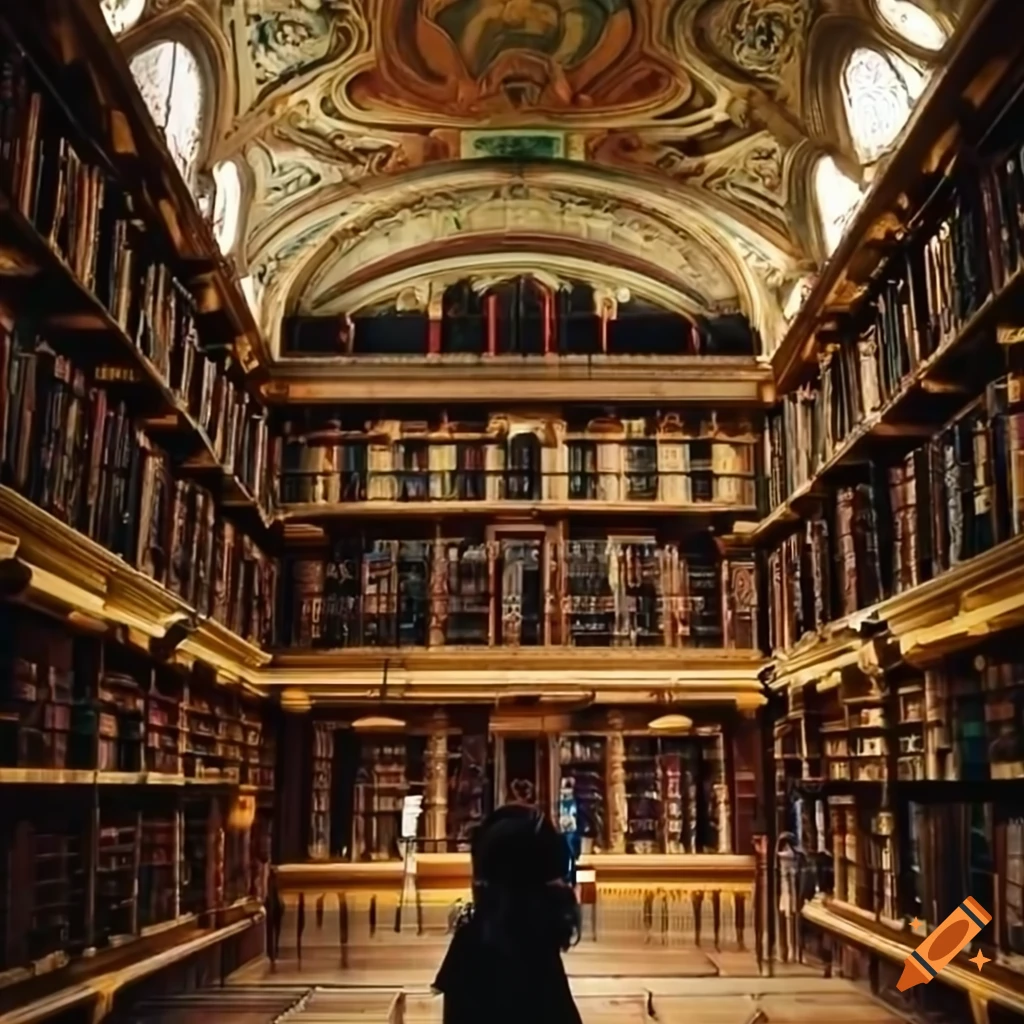 A young person standing in front of and looking up at a giant book ...