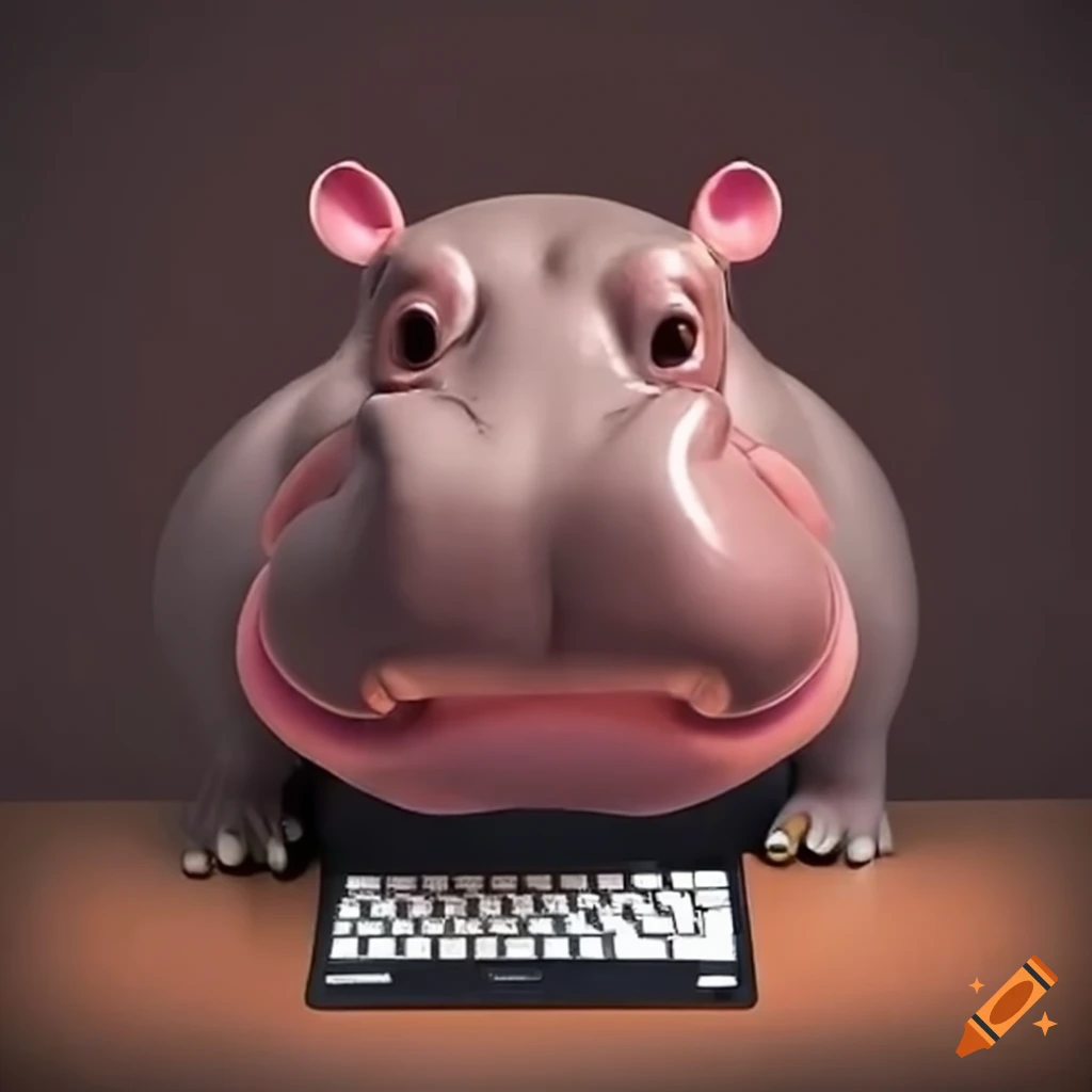 Adorable mini house hippo programming at a computer desk