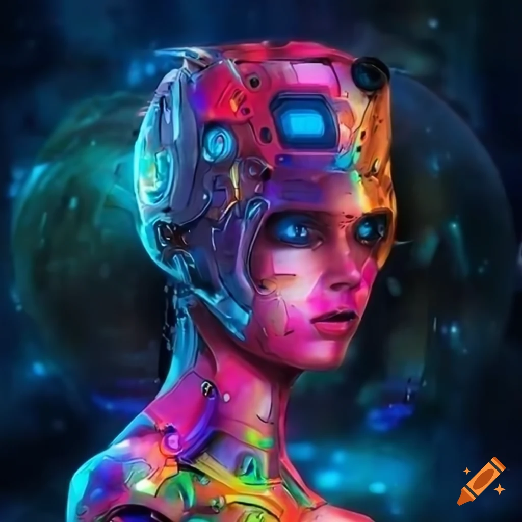 An artistic depiction of a futuristic cyborg with vibrant attire on Craiyon