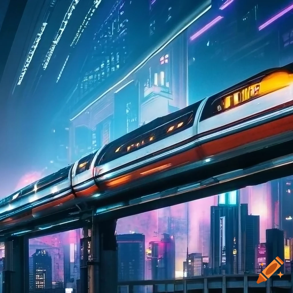 Futuristic monorail. On elevated track. In nightly bright futuristic ...