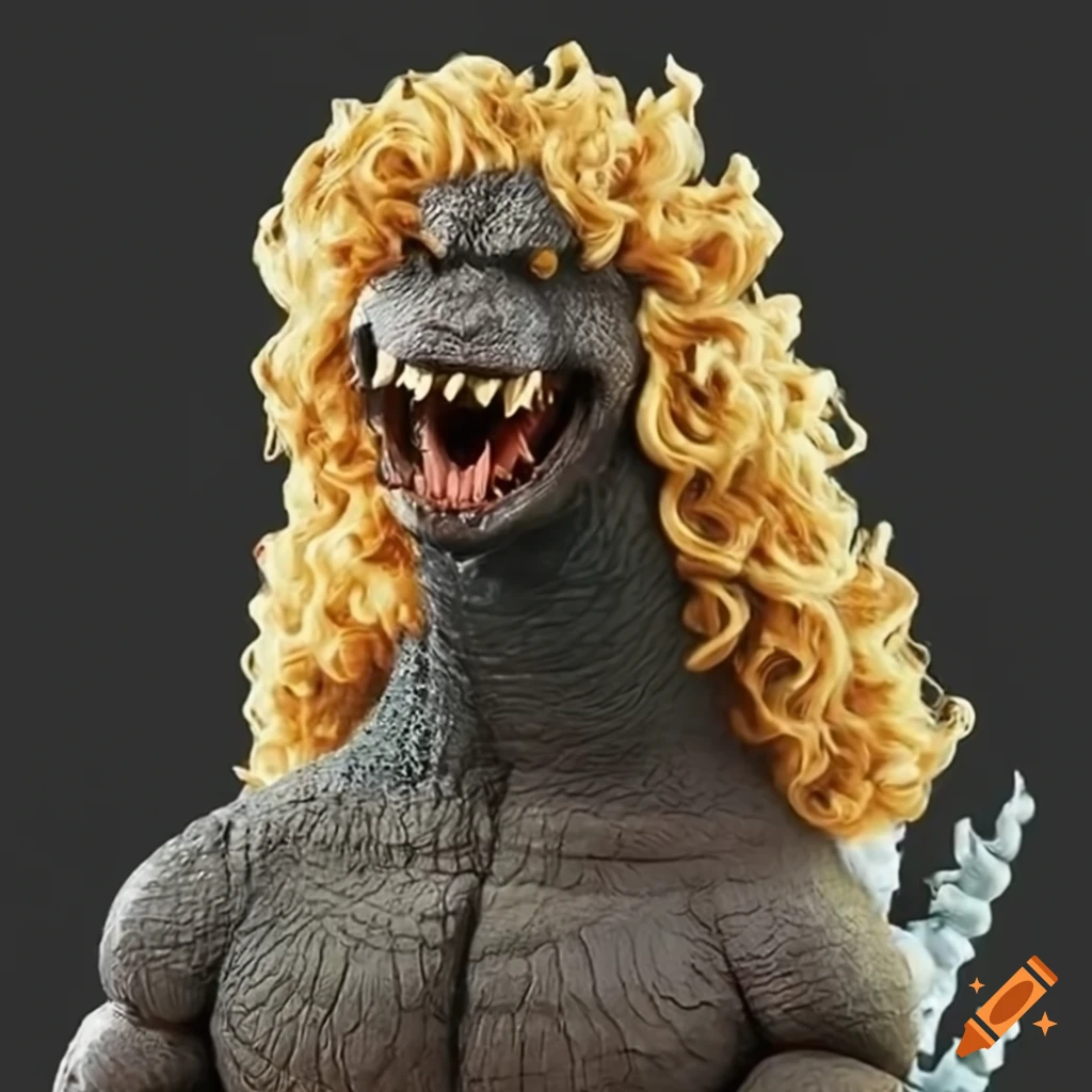 Godzilla wearing a curly blonde wig on Craiyon