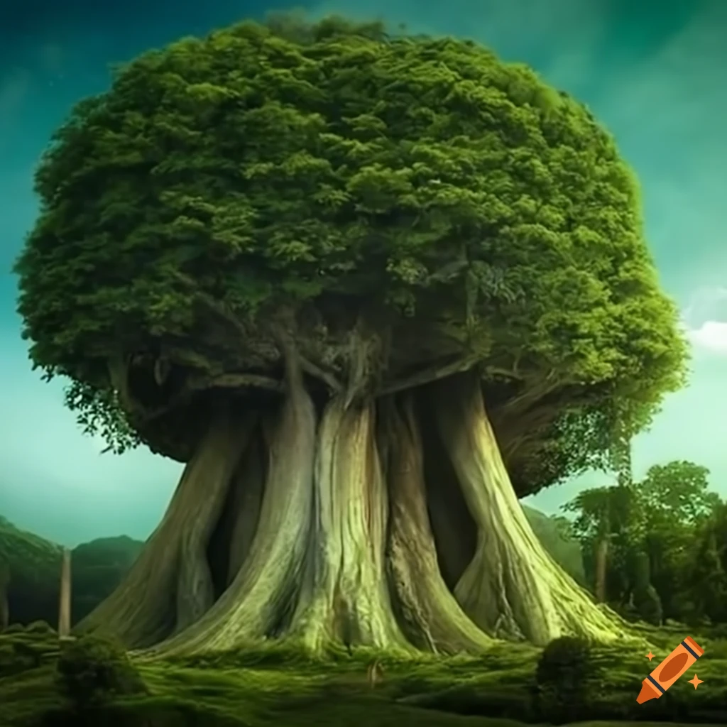 Fantasy massive jungle, one huge tree that stretches to the sky, inside ...
