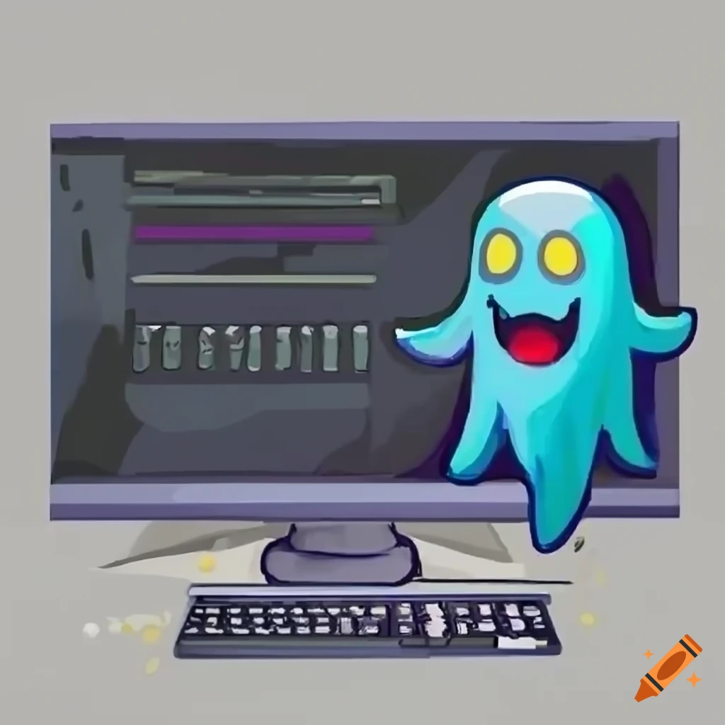 A cute ghost coding software in front of a computer. in the style of ...