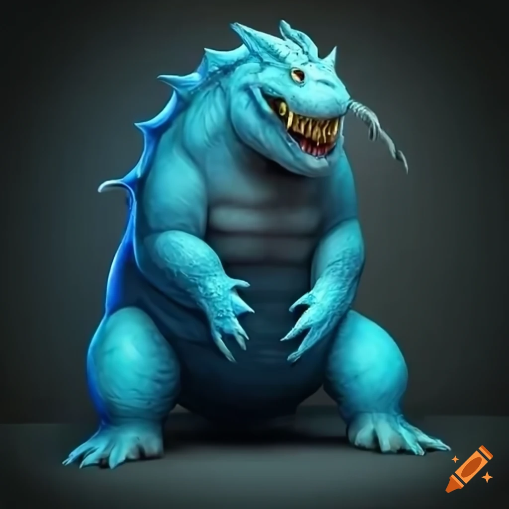 A scary giant tall chubby blue slimey dragon-like anthro blob creature ...