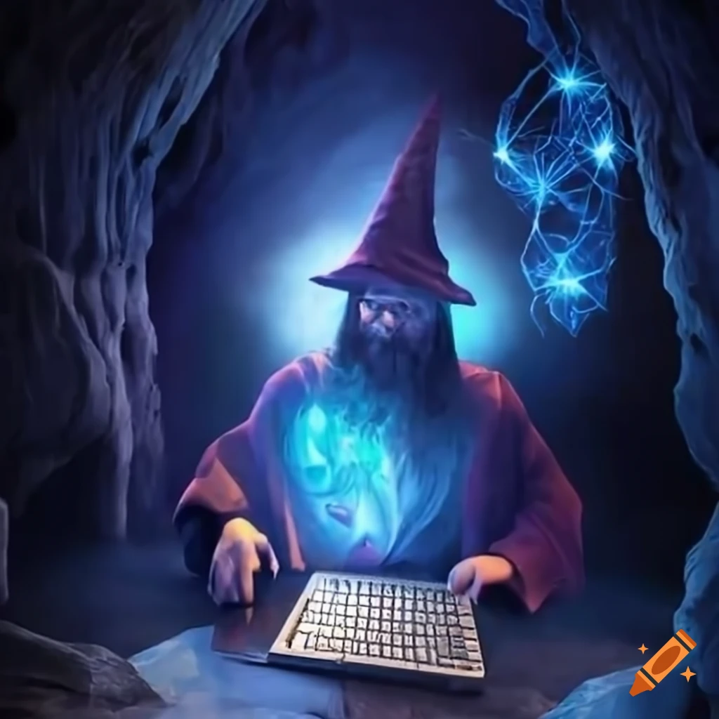 Wizard carrying a laptop computer through a cave with glowing magical ...