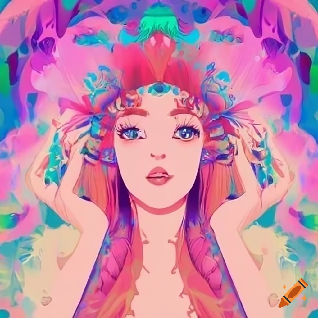Cute nymph, high resolution, acid colors, 60s style