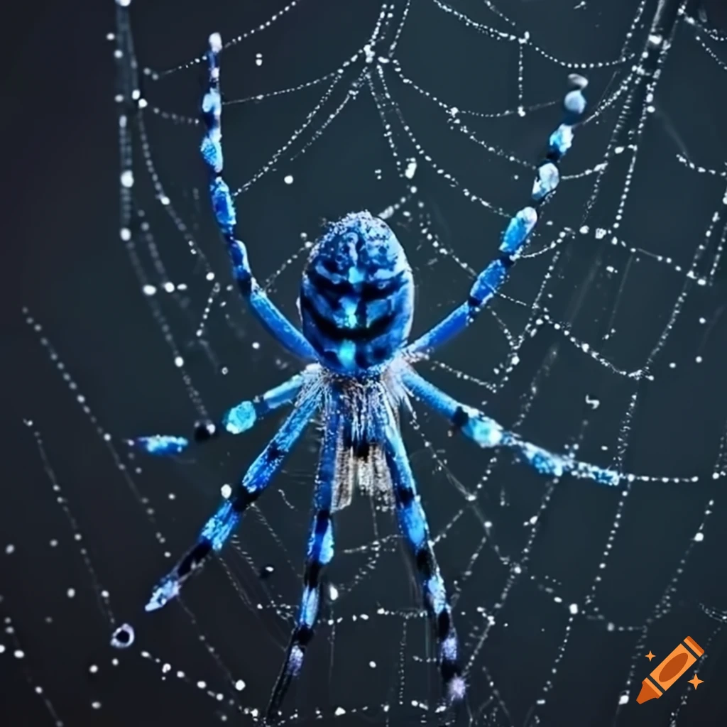A glowing blue spider in a glittering web