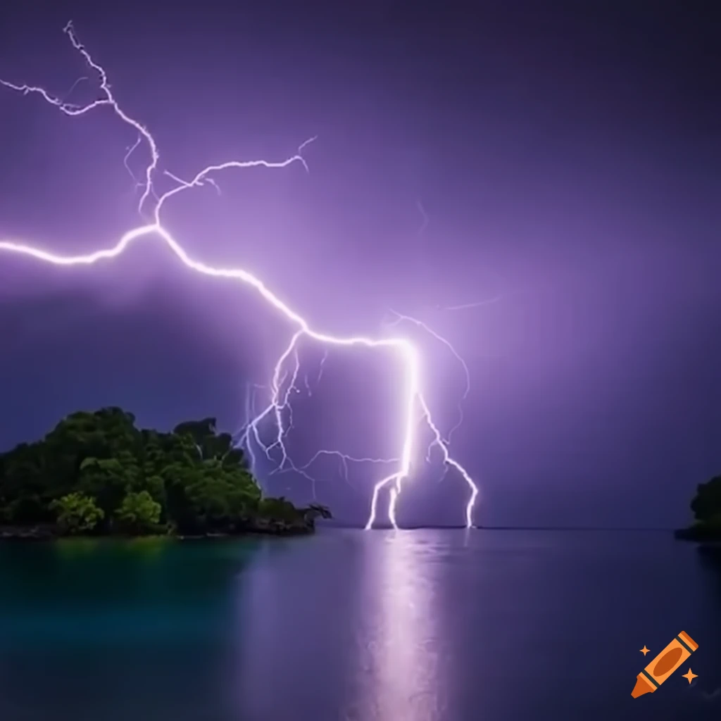 Intense lightning striking a lush tropical island during a storm on Craiyon