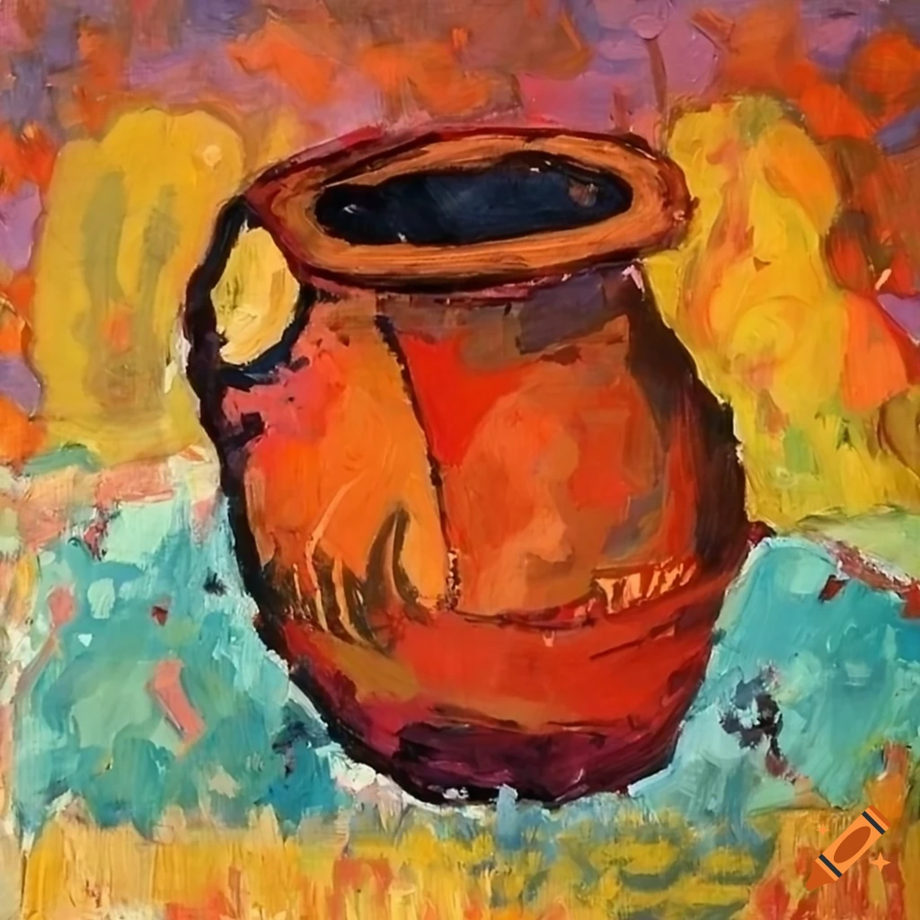 Ancient pots from arkaim on table, fauvism painting