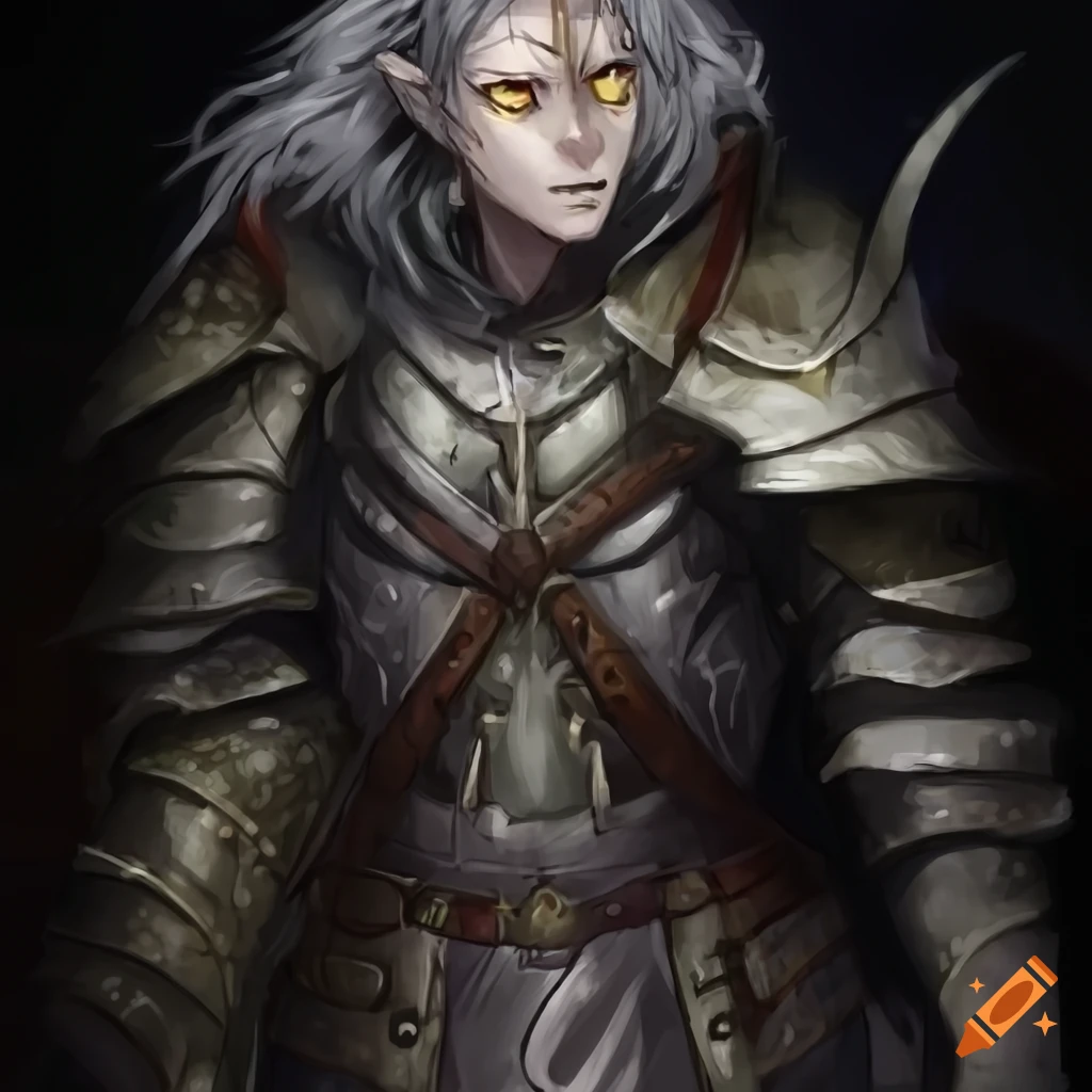 Undead Half elf man with dark grey hair and grey skin and yellow squid ...