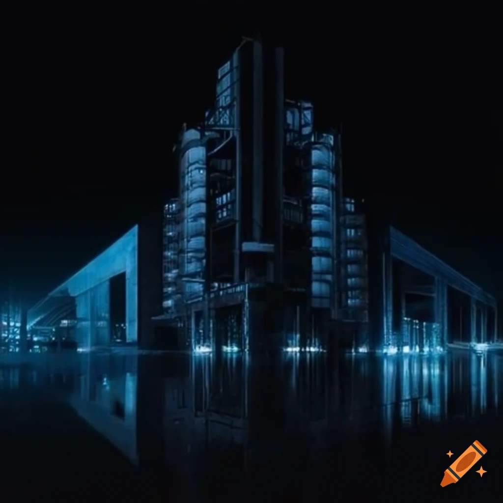 A stunning illuminated factory with unique brutalist architecture on ...
