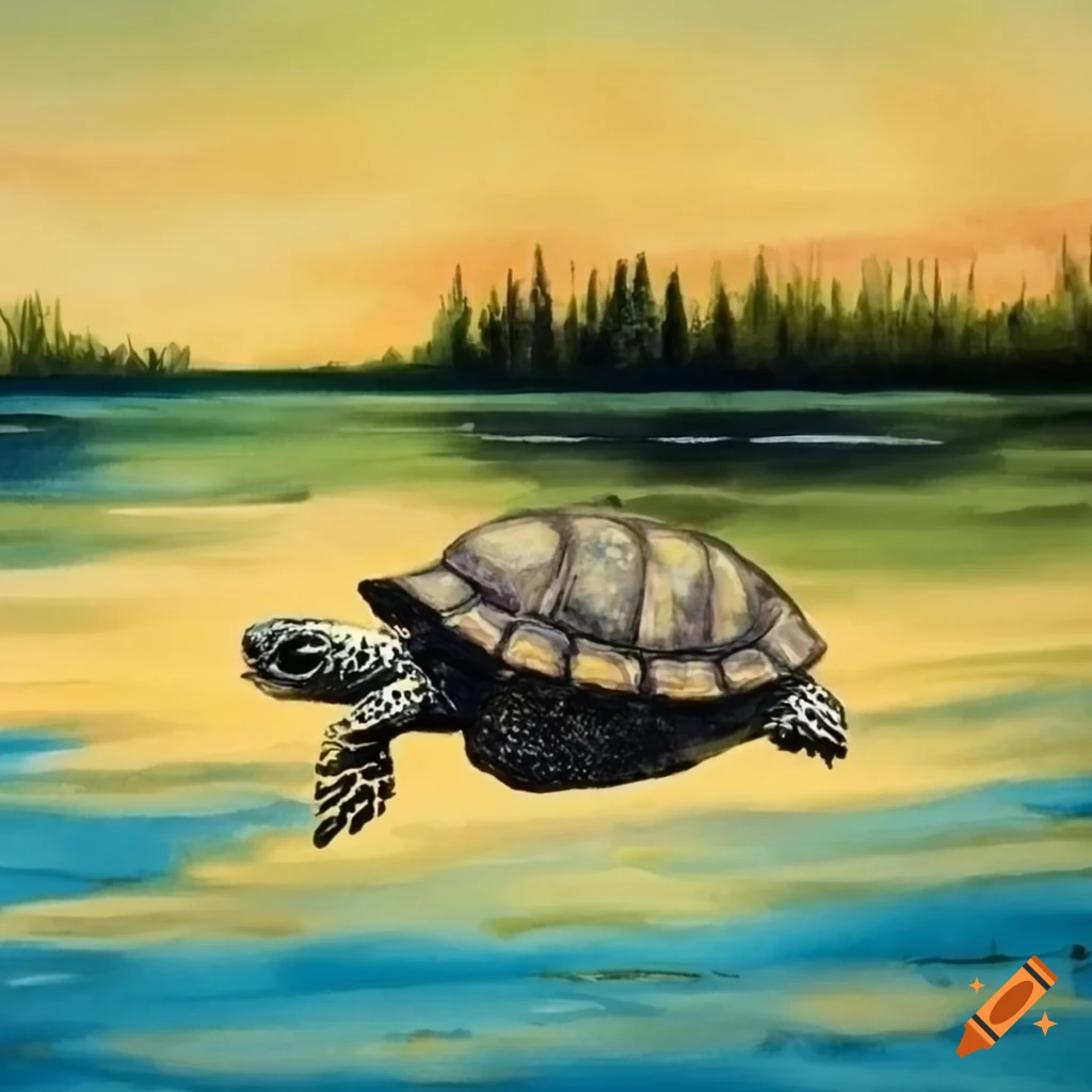 Ink painting of a tranquil landscape featuring a serene freshwater ...