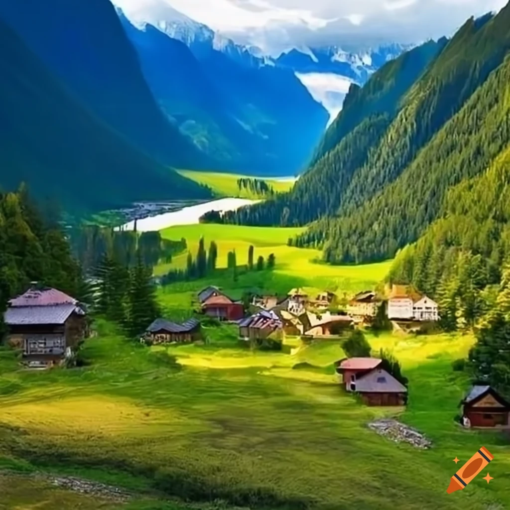 A village in a valley between tall mountains, serene, beautiful, super ...
