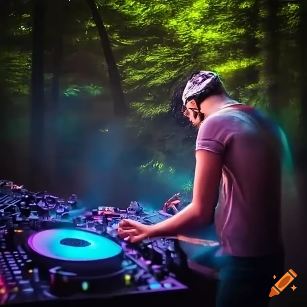 Dj mixing for a crowd in a forest at night, lasers and colors