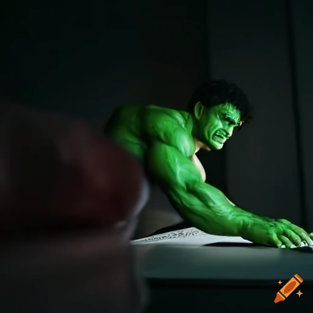 The hulk passionately coding on a laptop